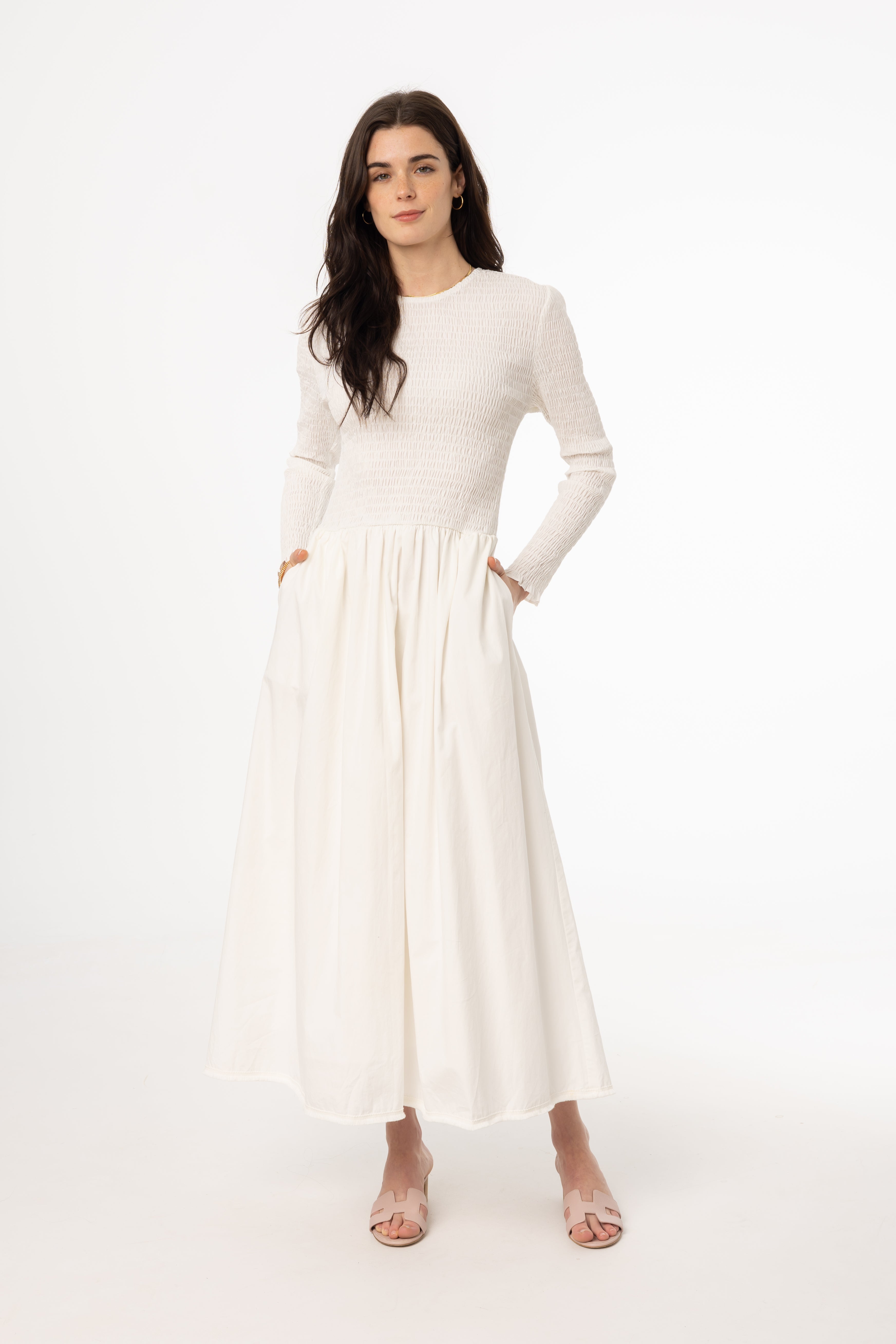 White Smocked Cotton Maxi Dress – BLANK