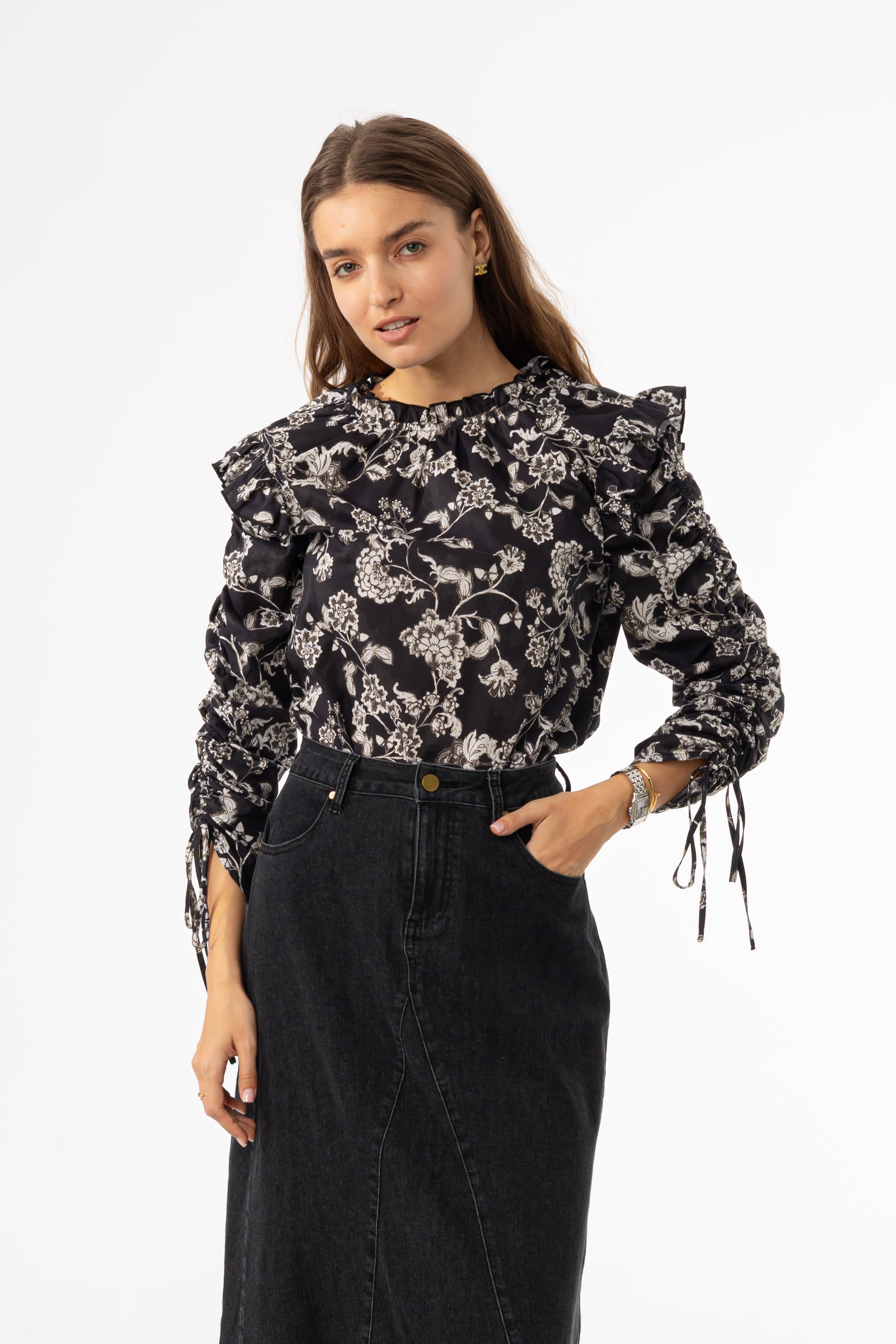 Black Floral Ruffle Blouse – BLANK
