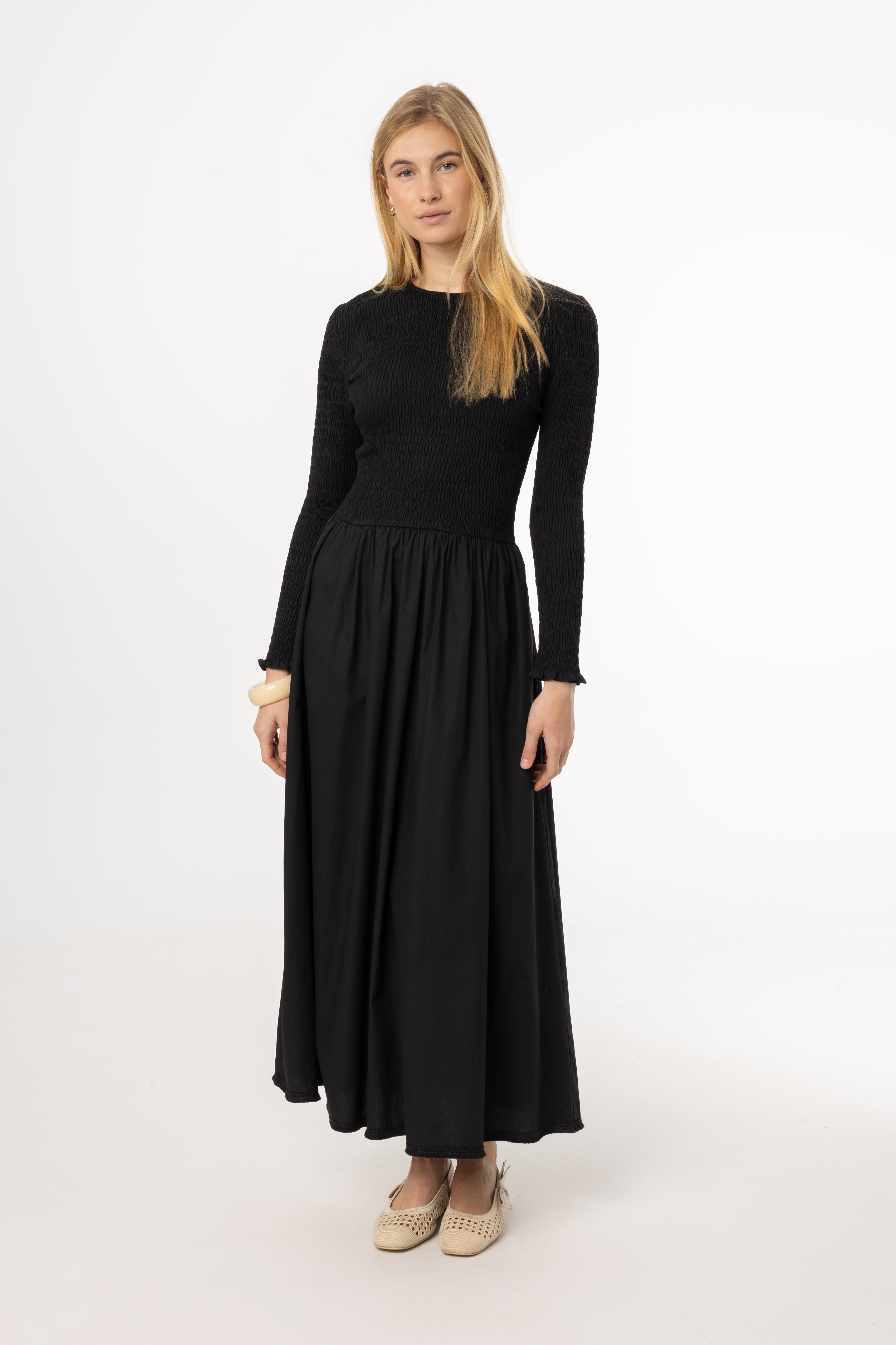 Black Smocked Cotton Maxi Dress – BLANK