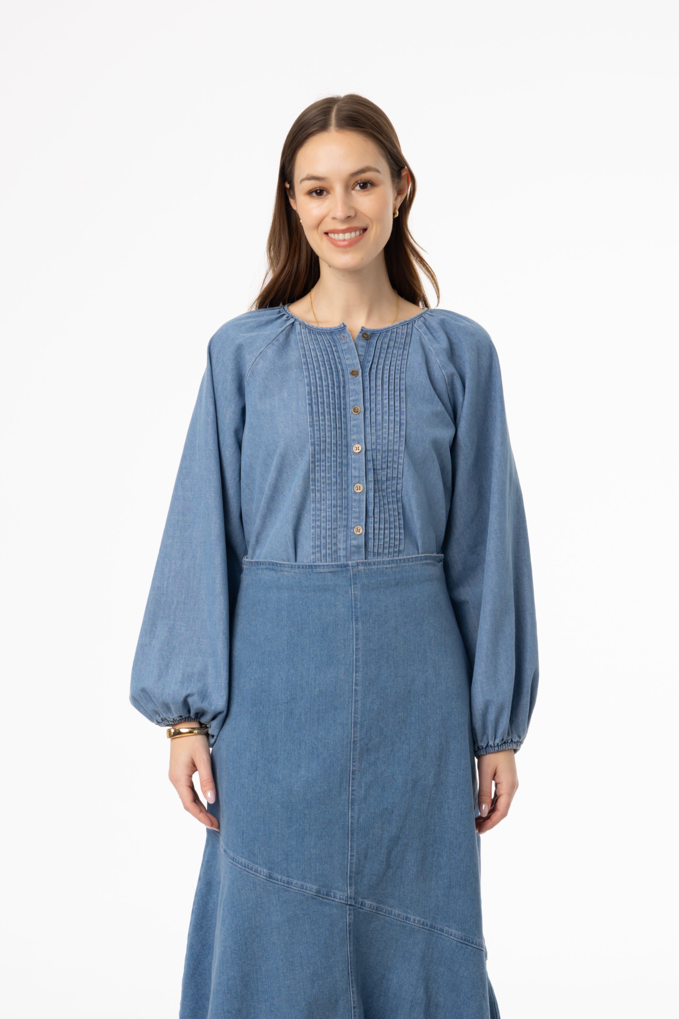 Blue Pintuck Denim Blouse – BLANK