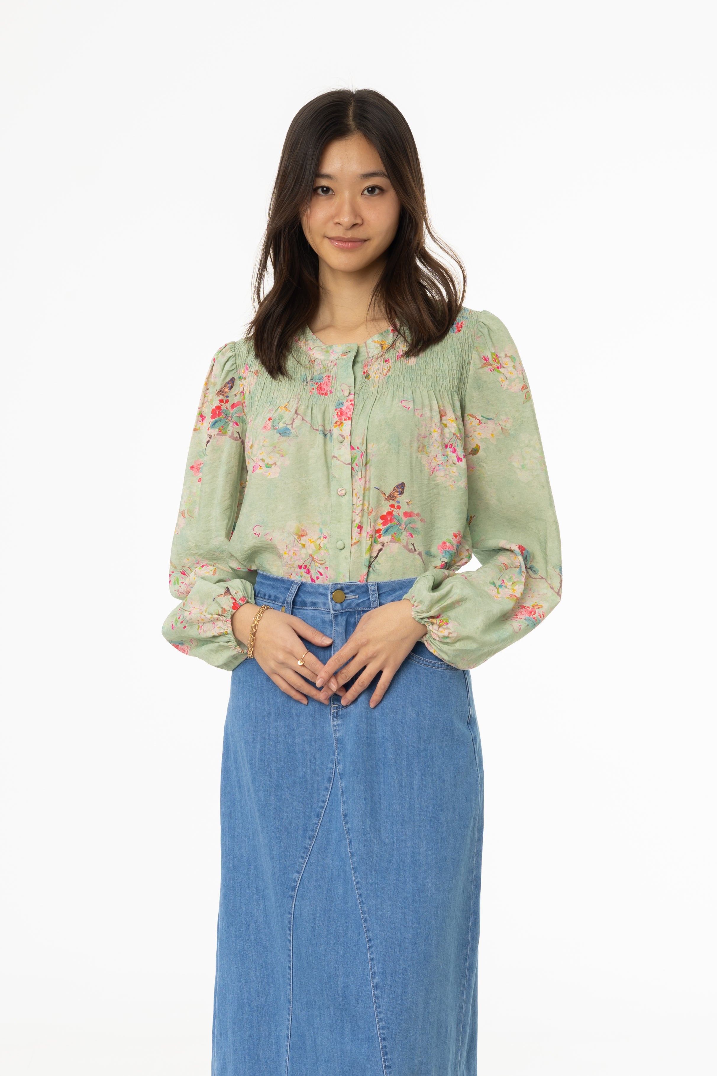 Green Floral Smocked Printed Blouse – BLANK