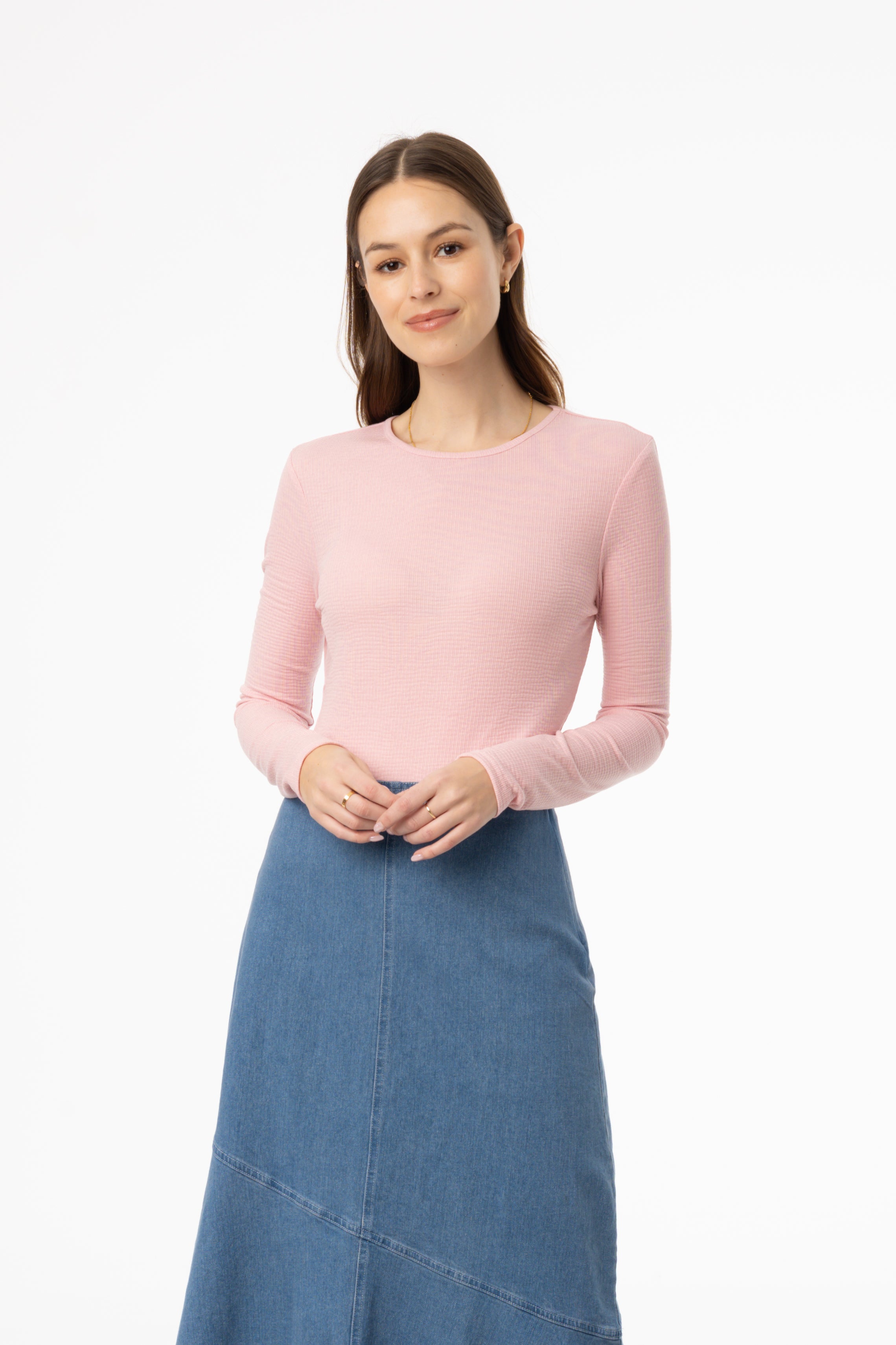 Light Pink Waved Round Neck Long Sleeve T Shirt – BLANK