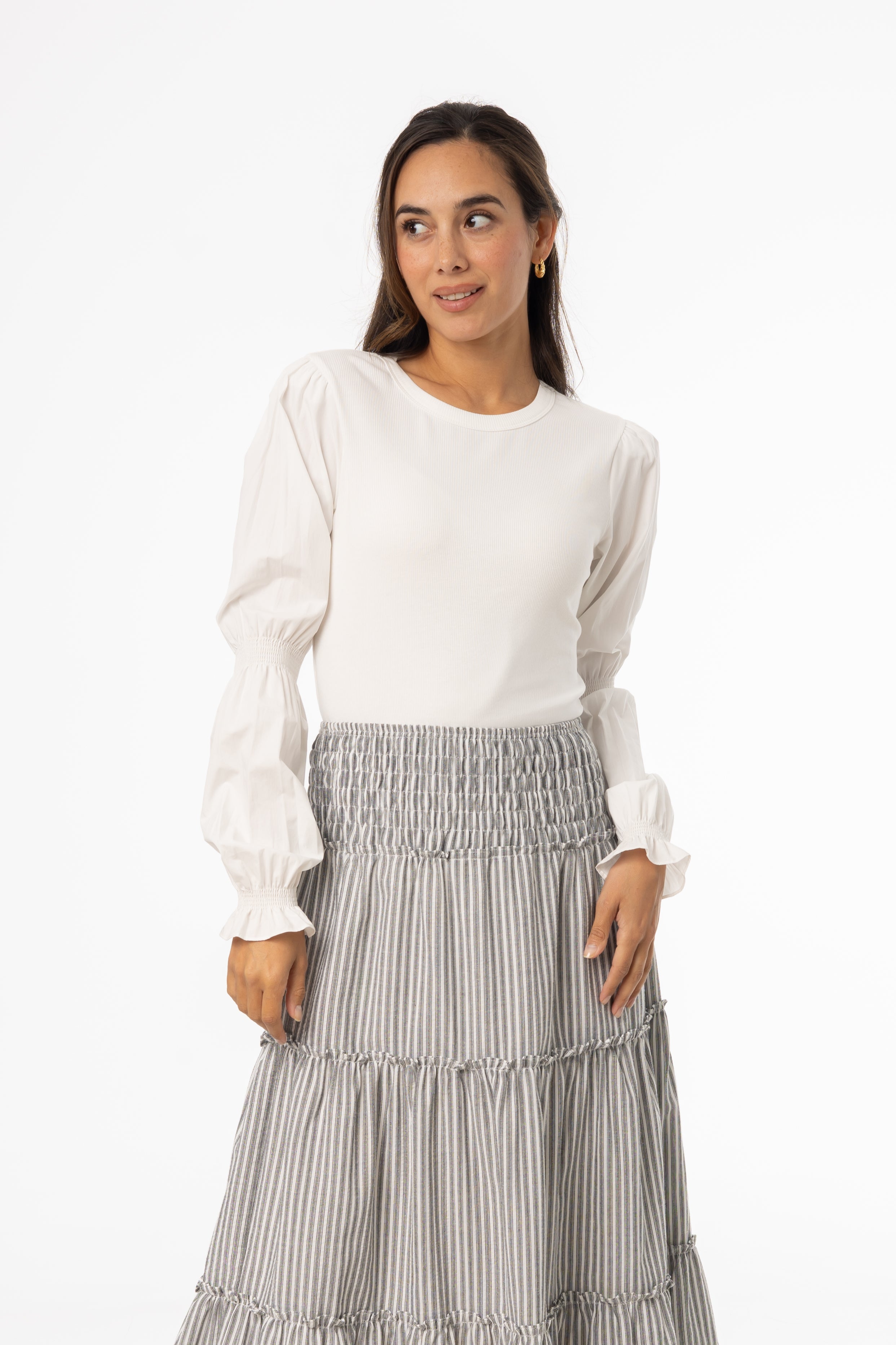 White Combo Gathered Sleeve T-Shirt – BLANK