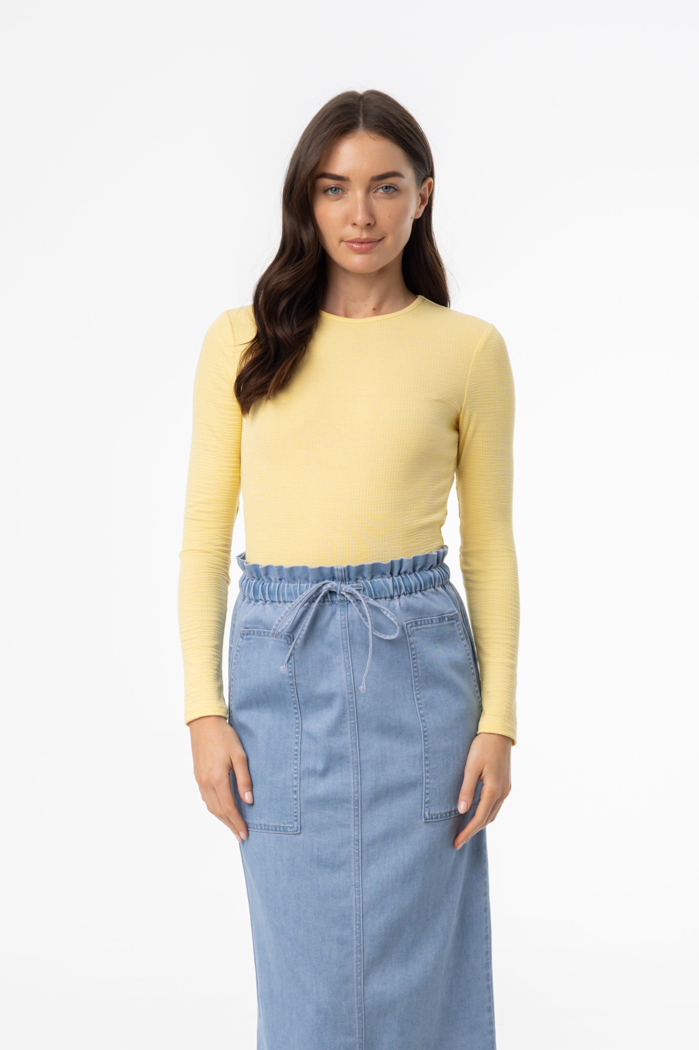 Yellow Waved Round Neck Long Sleeve T Shirt – BLANK